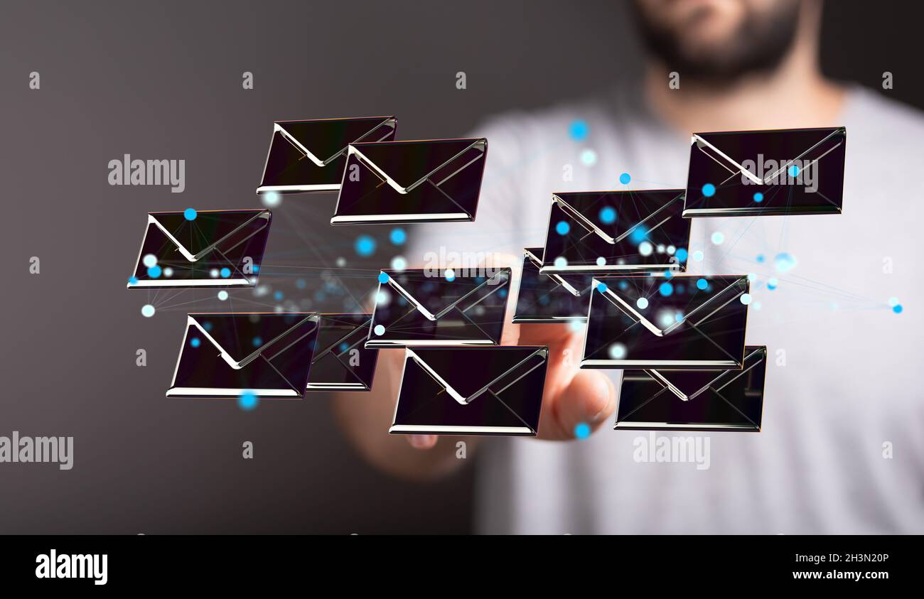 3D rendering of beige email icons with hand pointing at it from the ...