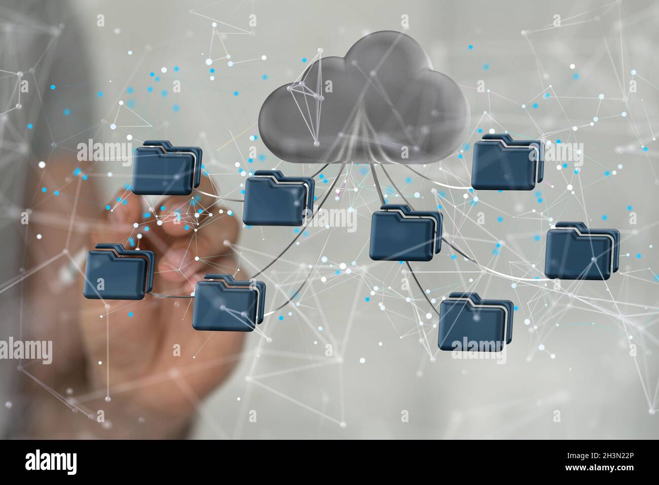 3D rendering of beige email icons and cloud with hand pointing at it ...