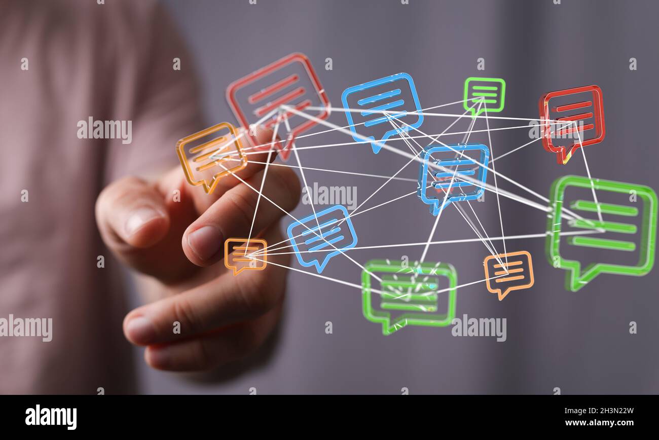 3D render of an email symbol and Network Communications with a blurry ...