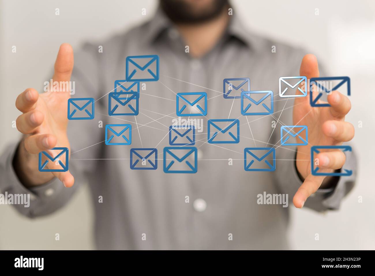 3D render of an email symbol and Network Communications with a blurry ...