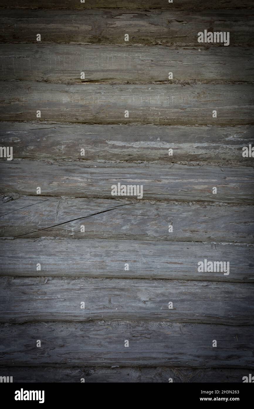 Wooden logs of an old house. Weathered natural gray wood texture ...