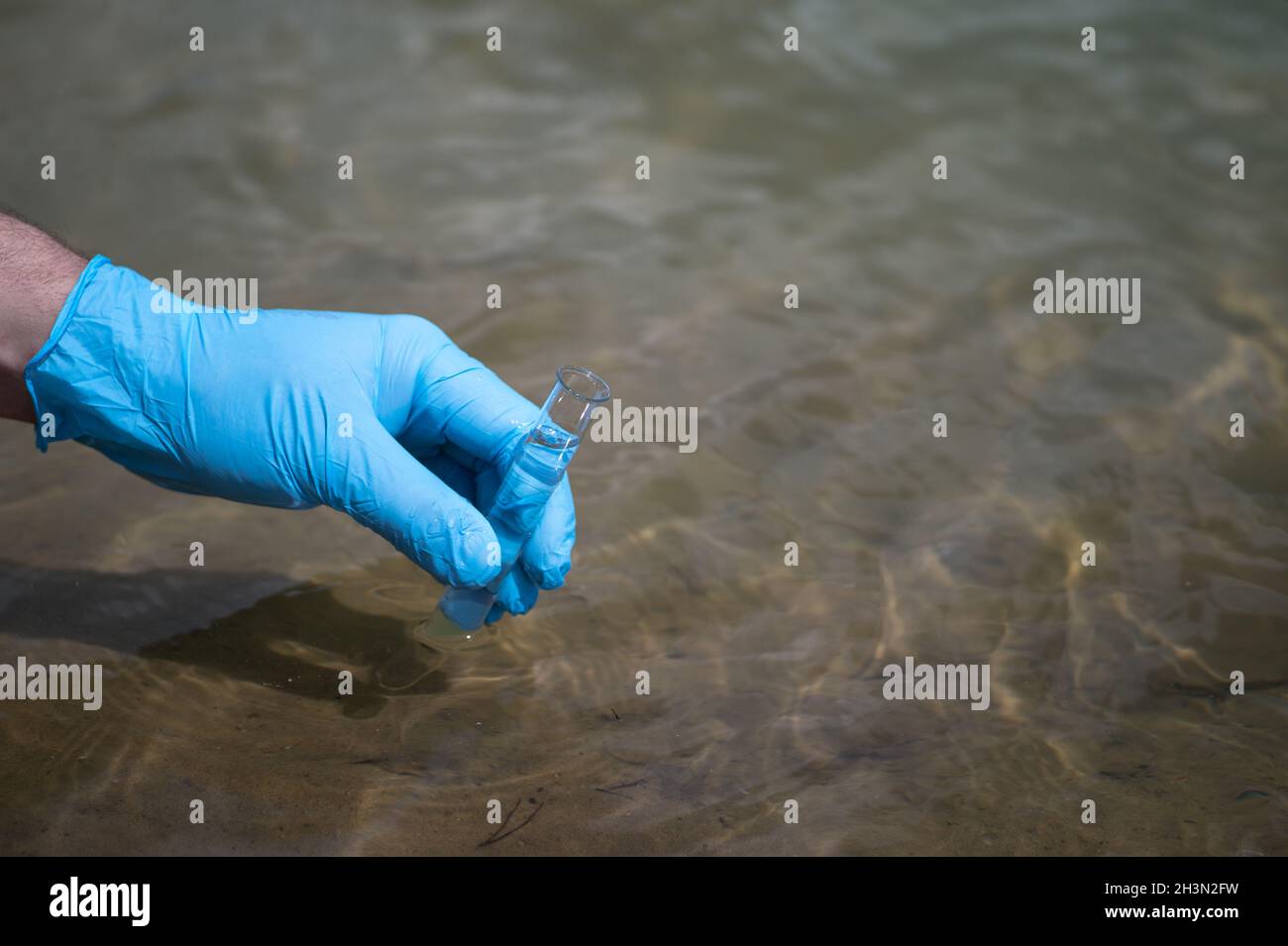 A man's hand in a blue glove takes a close-up of water into a test tube ...