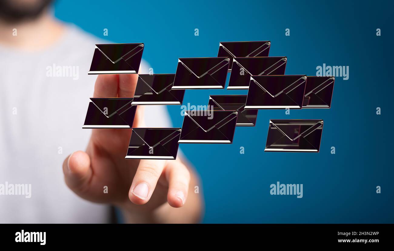 3D render of an email symbol and Network Communications with a blurry ...