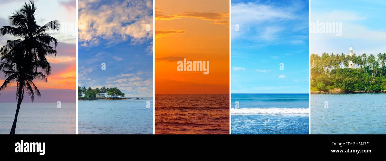 Panoramic view of tropical beaches and beautiful sky. Collage.Wide ...