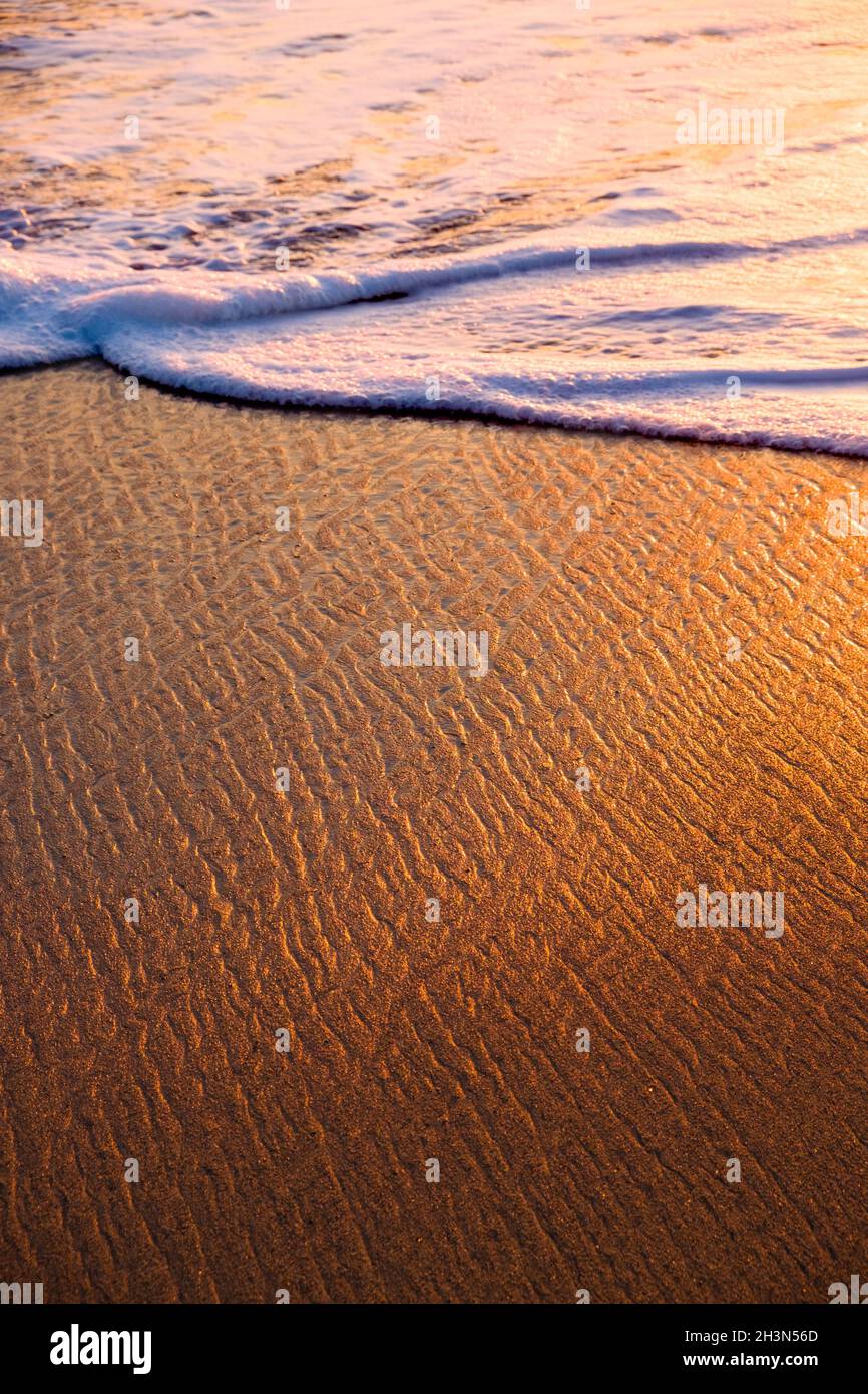 close-up of of foamy ocean water receding from the sand at the beach ...