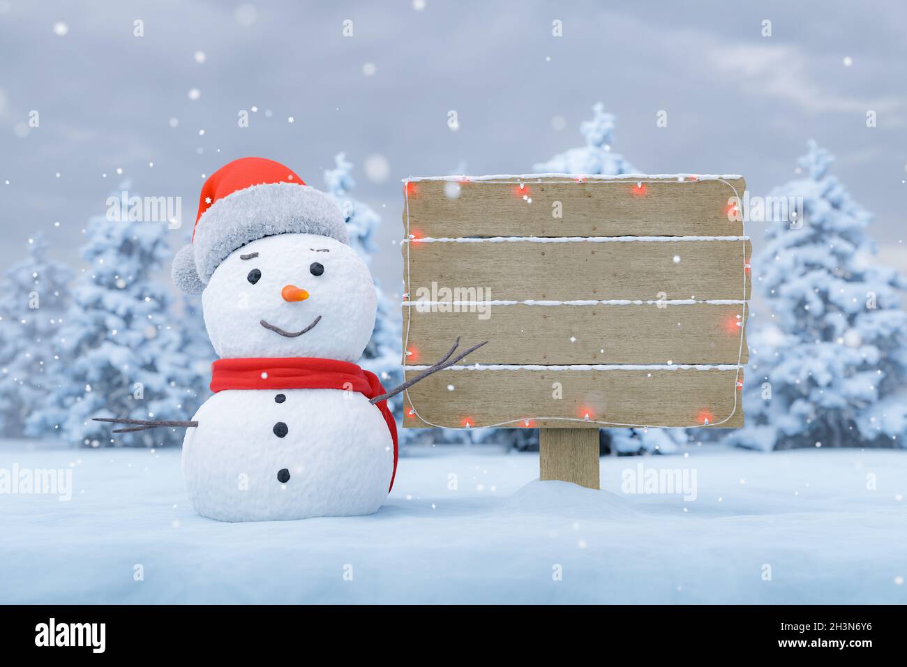 wooden sign on a snowy landscape with a snowman pointing at it. 3d ...