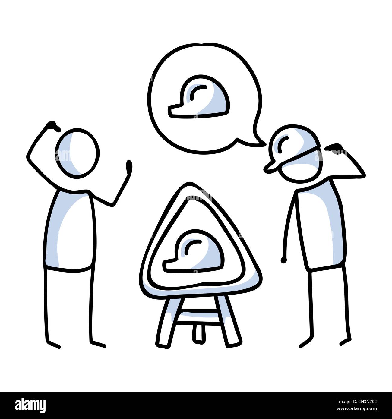 Drawn stick figure of construction helmet safety warning. Building site ...