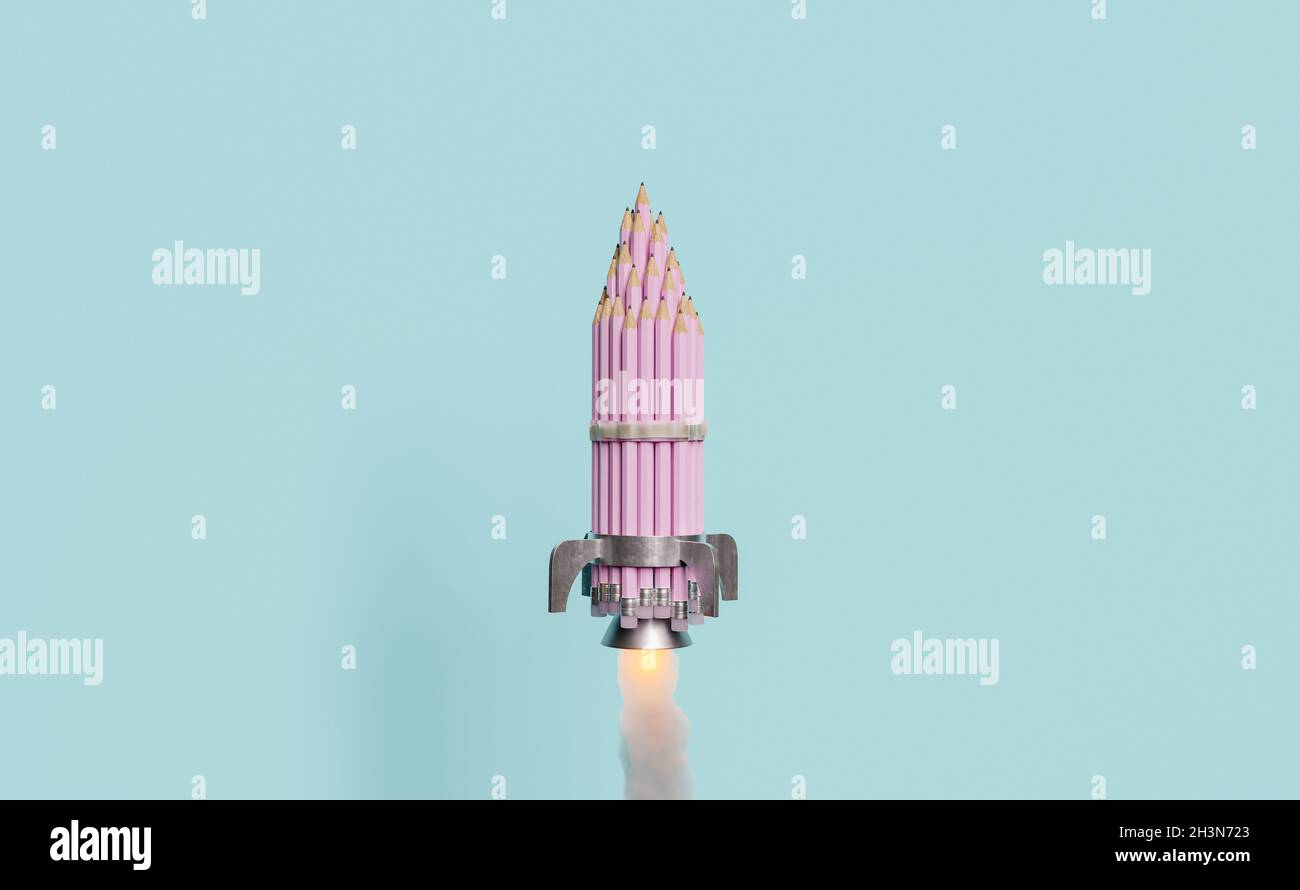 handmade rocket with pencils, taking off and shooting fire. 3d ...