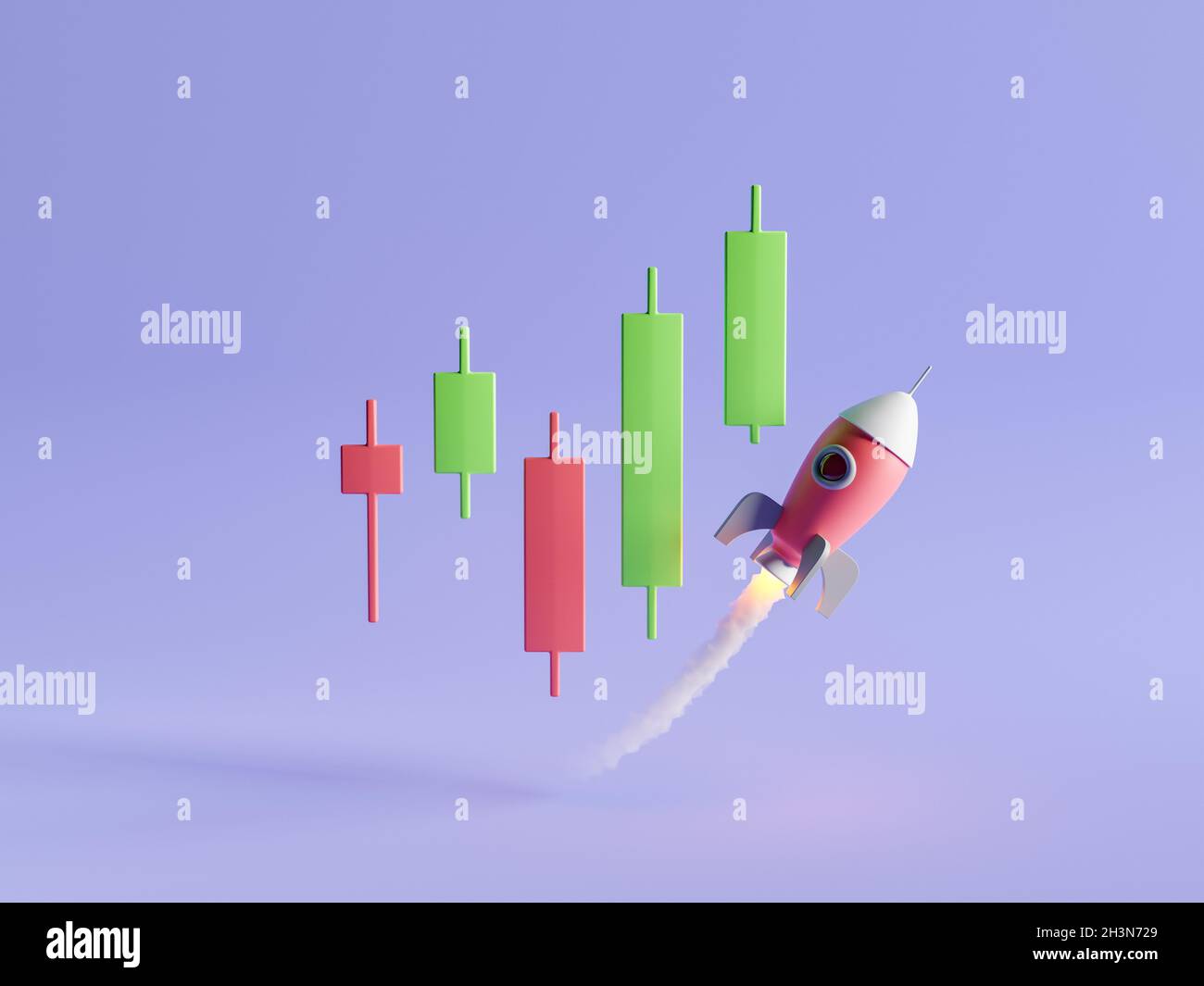 rising chart candles with a rocket below taking off. 3d rendering Stock ...
