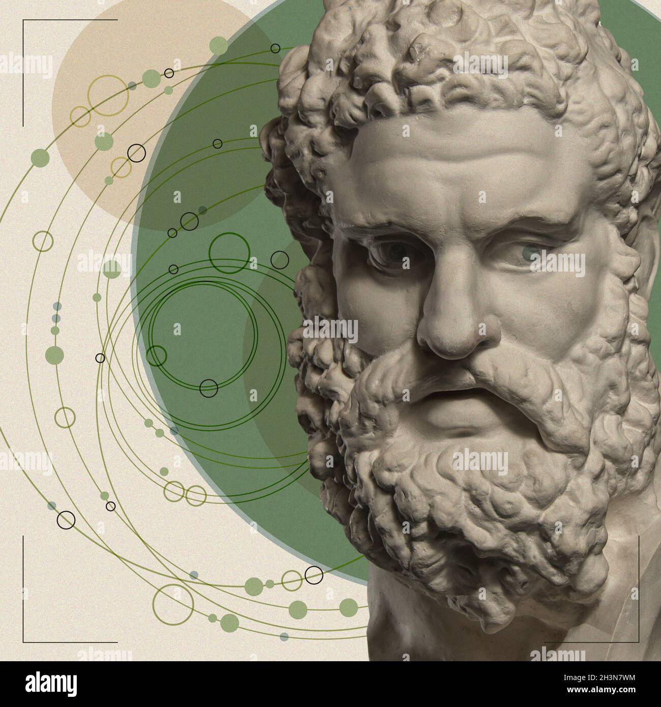Art collage with antique sculpture of Heracles face and numbers ...