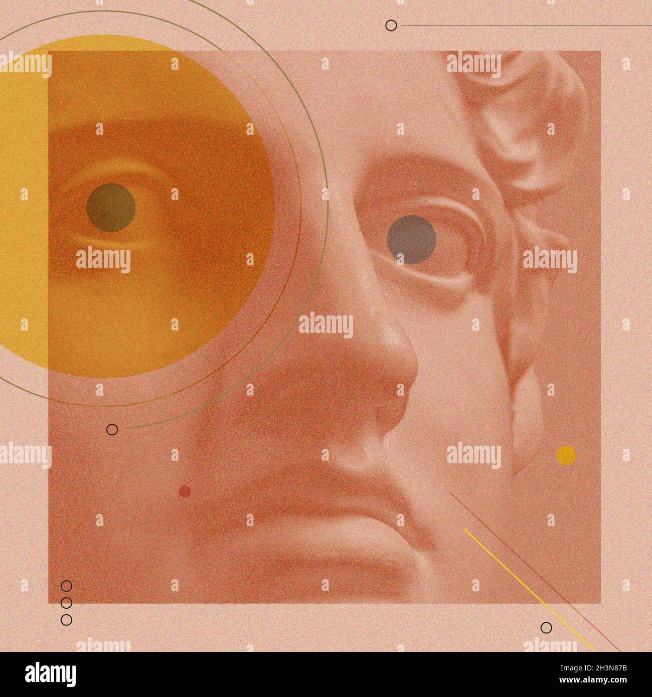 Art collage with antique sculpture of Apollo face and numbers ...