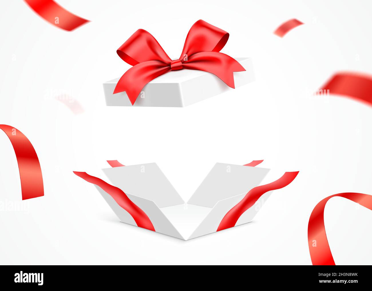 Exploded white gift box with red ribbon, isolated on background ...
