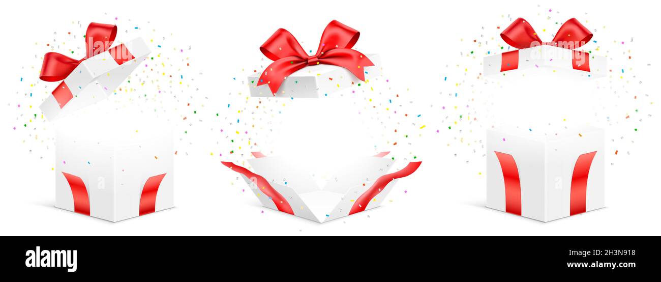 Vector set of exploded white gift boxes with red ribbons, isolated on ...