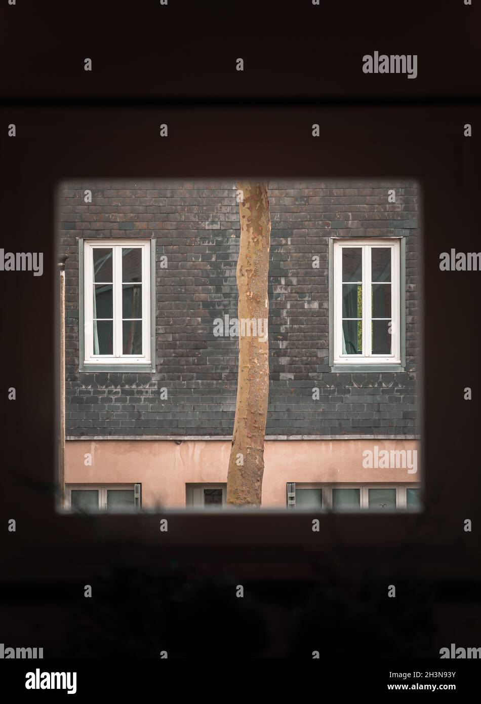Two white windows and facade of a neighbour house through the window ...