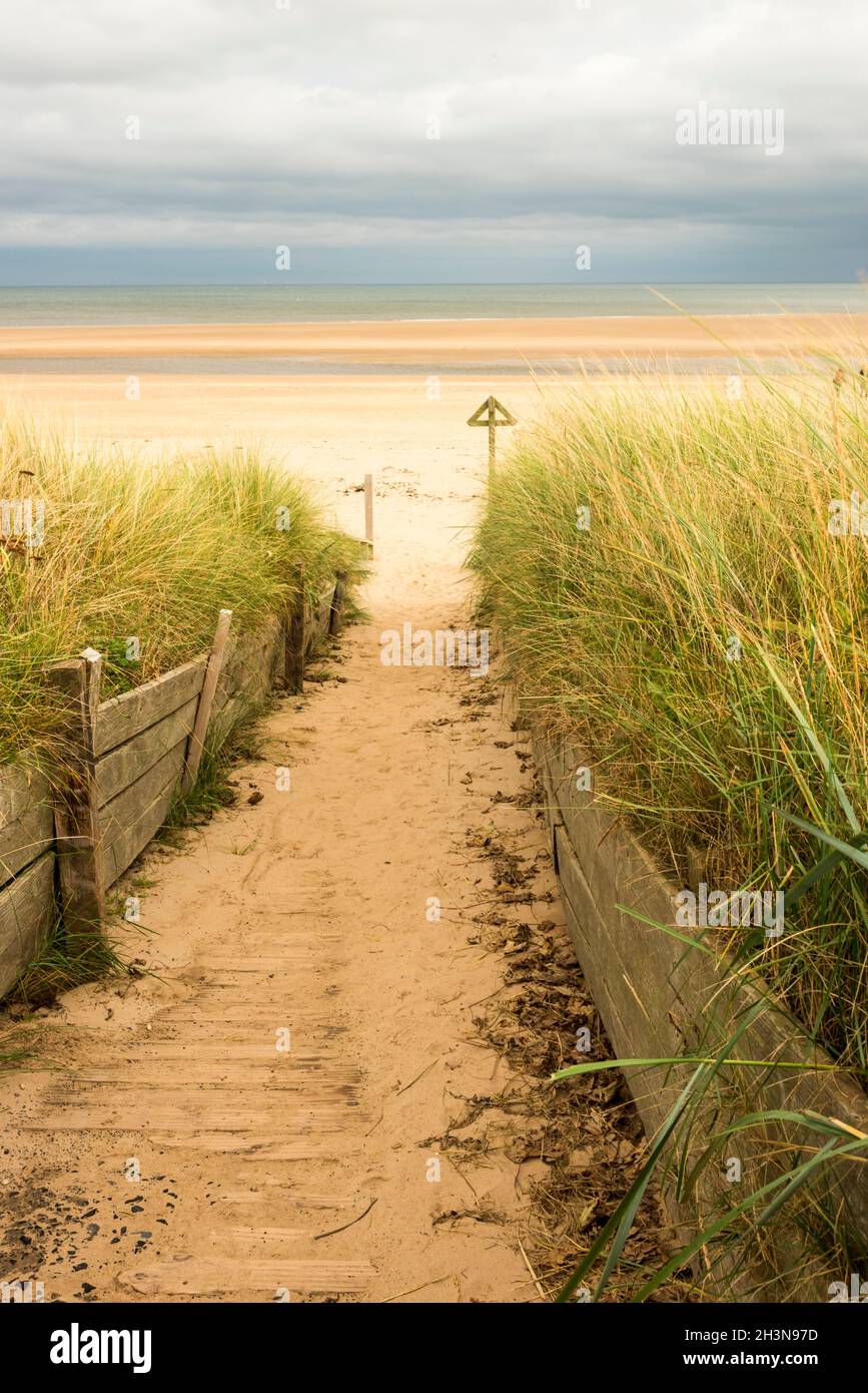Beach footpath leading to a deserted sandy beach in Northumberland ...