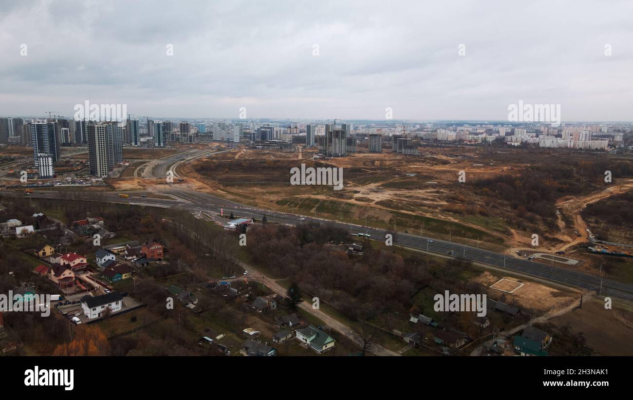 Low-rise urban development. Against the background, the construction of ...