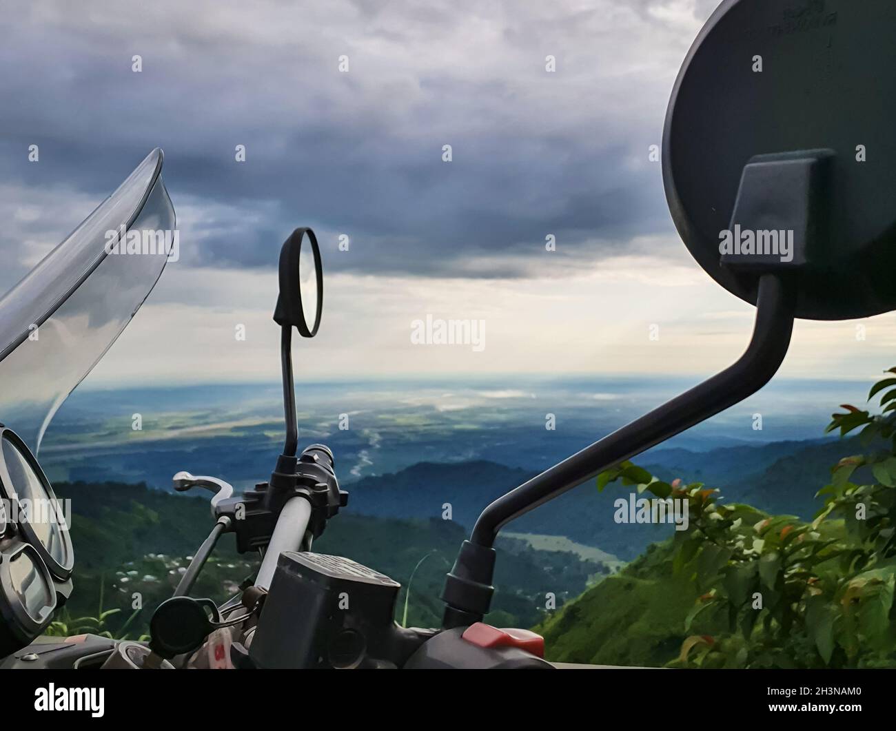 motorcycle front view at hill top with mountain view at morning Stock ...