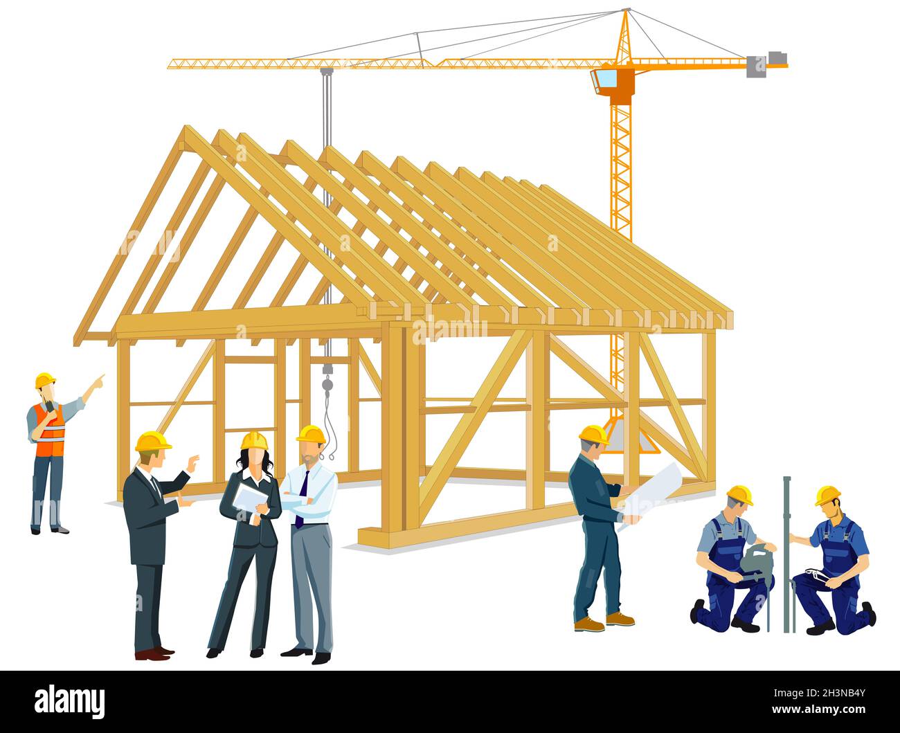 Building a wooden house with craftsmen and architects Stock Photo - Alamy