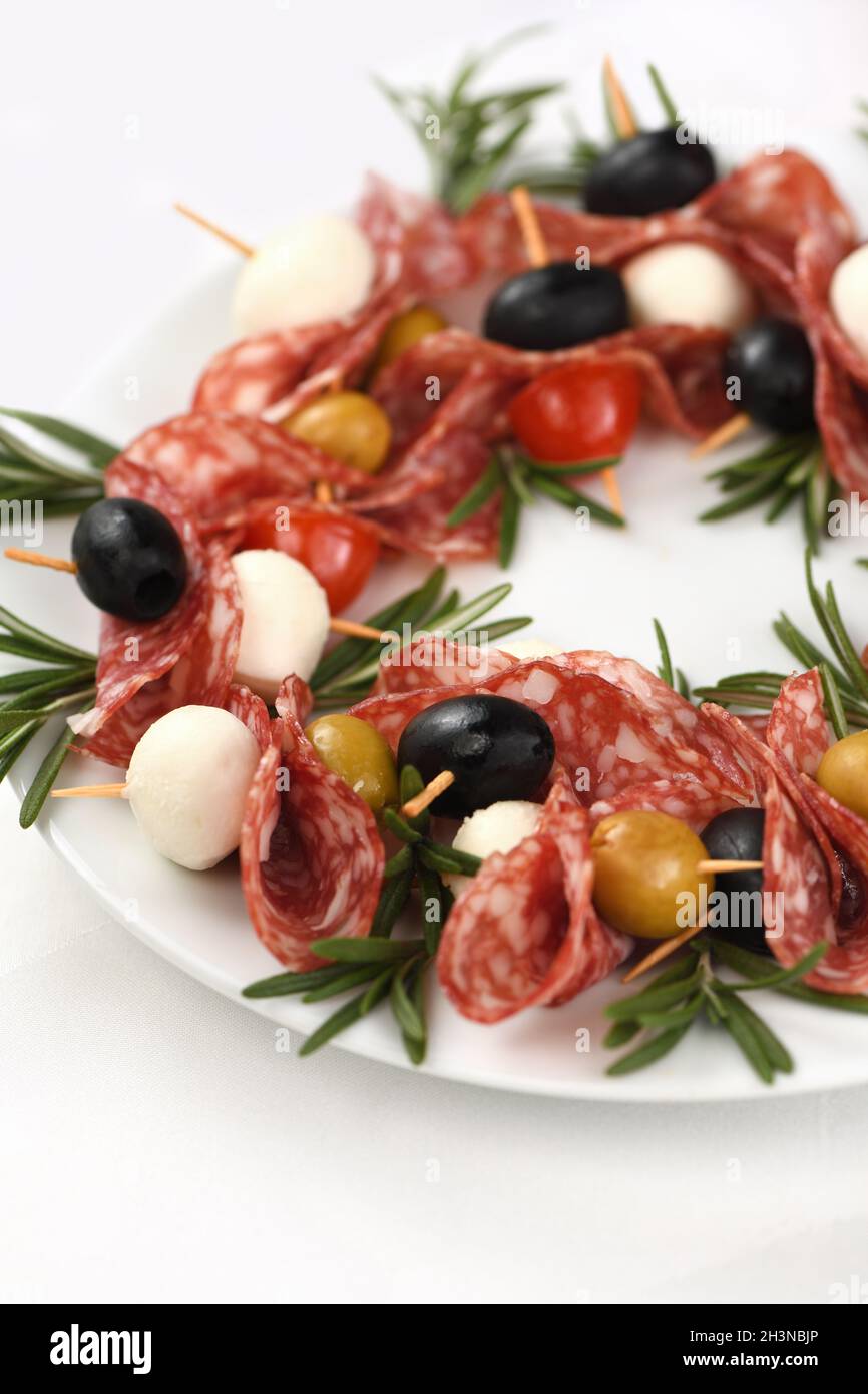 Christmas wreath - antipasto. Salami canapes with olives, baby ...