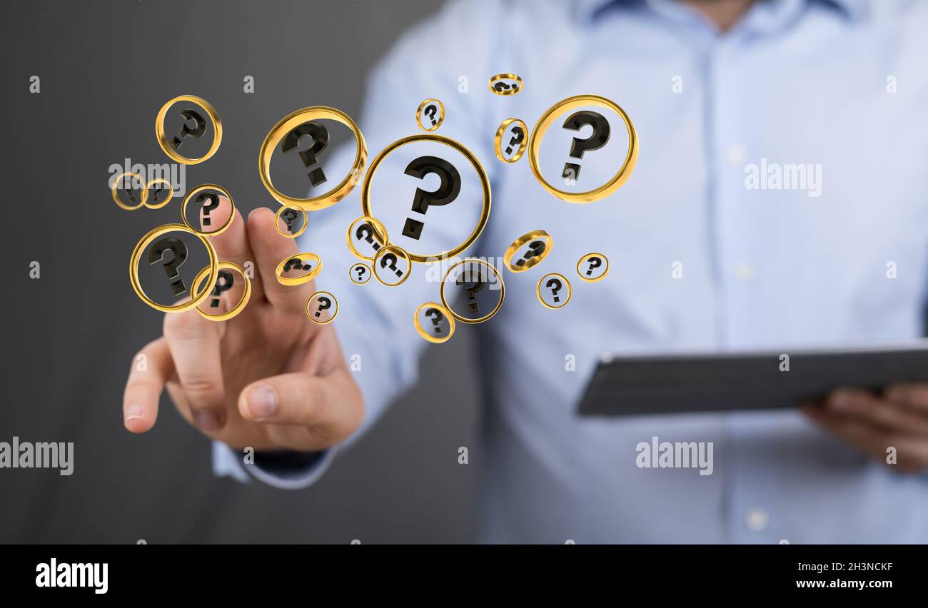 3D rendering of a Businessman solving a problem with digital question marks Stock Photo - Alamy