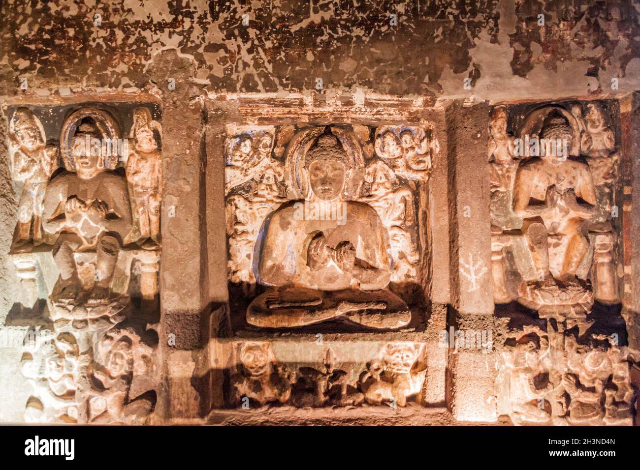 AJANTA, INDIA - FEBRUARY 6, 2017: Buddha images in a monastery carved ...