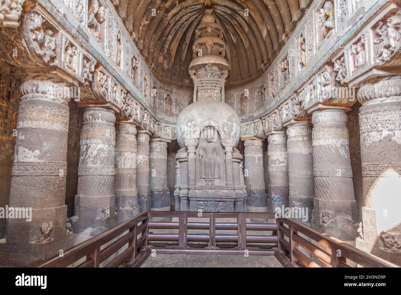 Buddhist chaitya prayer hall , cave 19, carved into a cliff in Ajanta ...