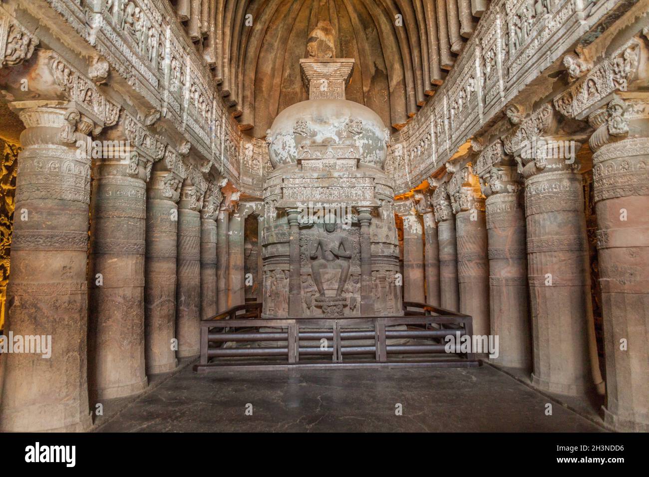 AJANTA, INDIA - FEBRUARY 6, 2017: Chaitya prayer hall , cave 26, carved ...