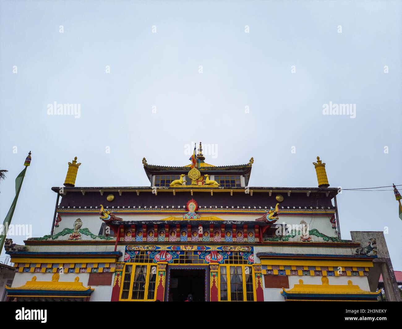 buddhist monastery with foggy background at morning from low angle ...