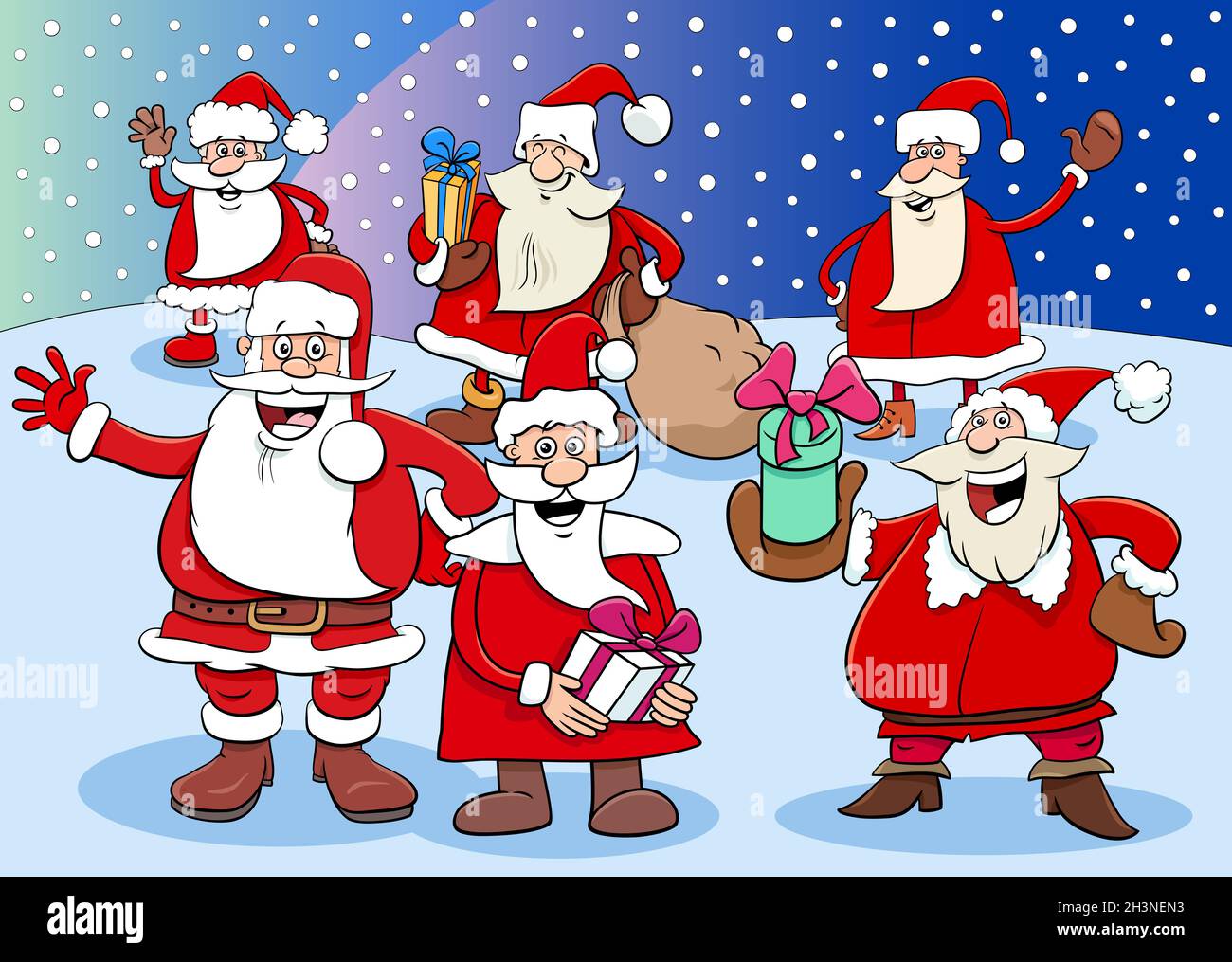 Santa Claus cartoon characters group on Christmas time Stock Photo - Alamy