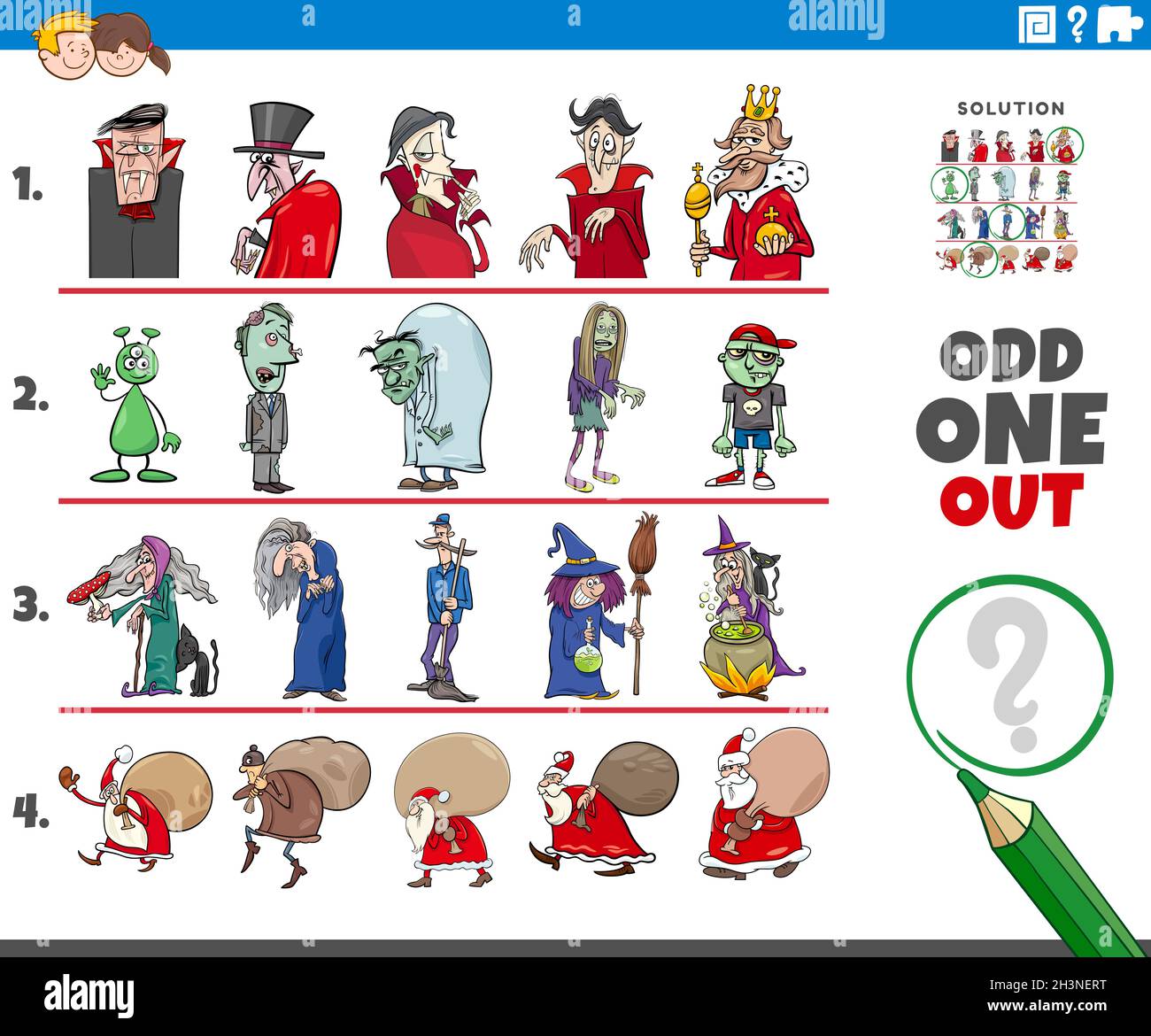 Odd one out picture game with wild holiday characters Stock Photo - Alamy