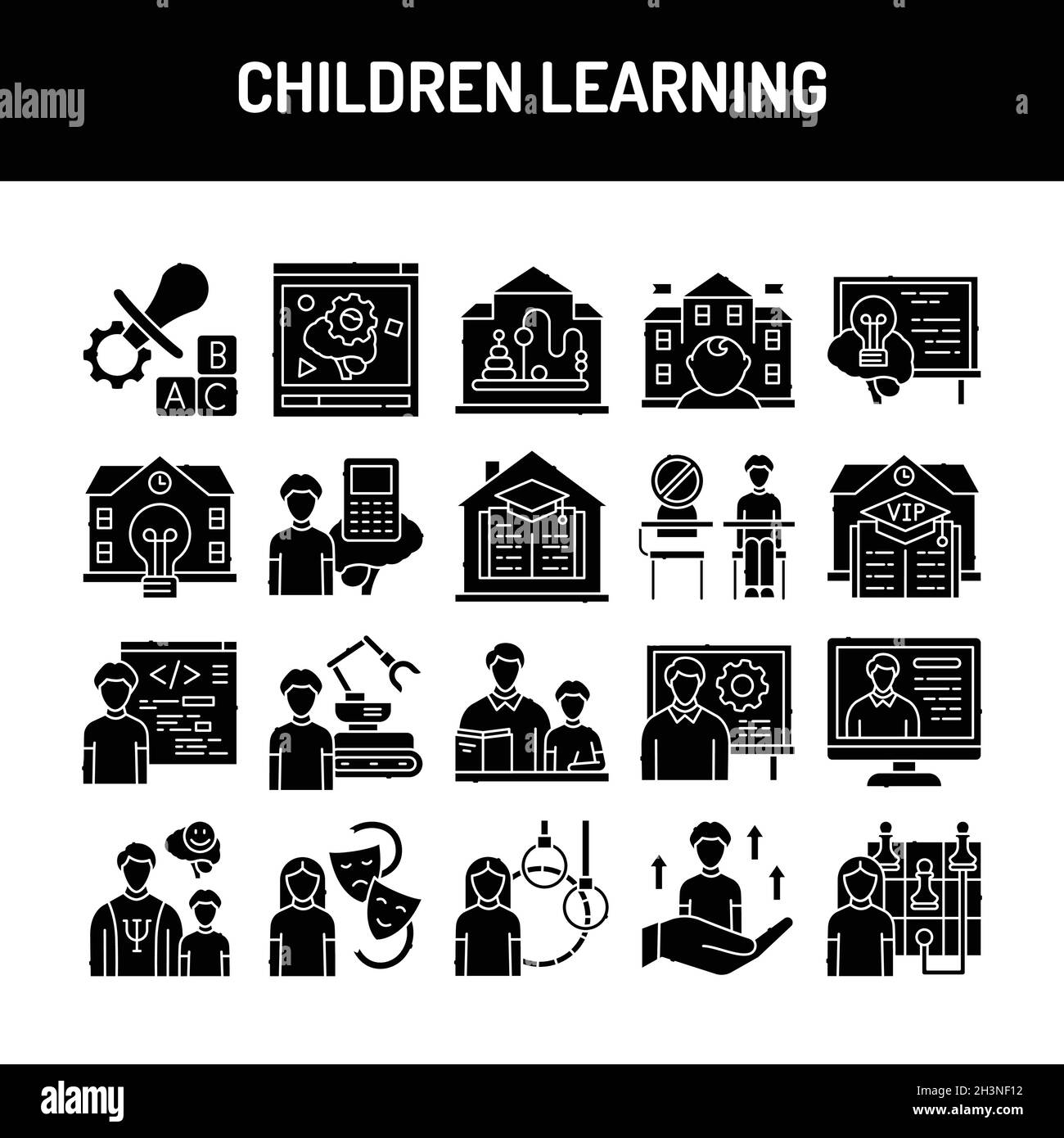 Children learning line icons set. Isolated vector element. Outline ...