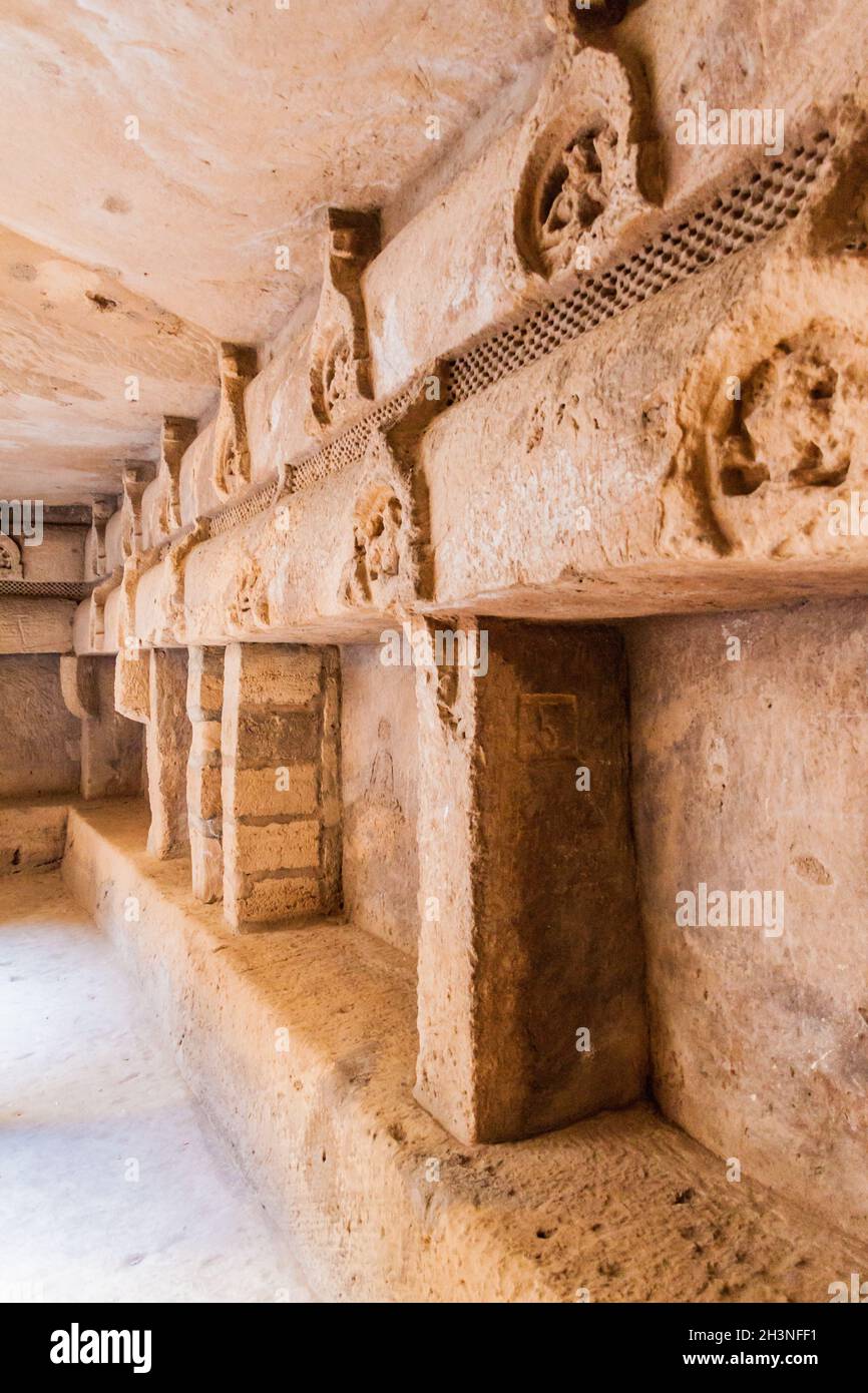 Buddhist caves at Uparkot Fort in Junagadh, Gujarat state, India Stock ...