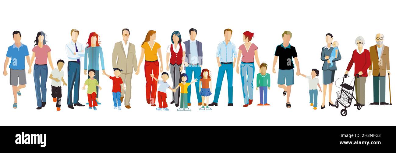 Family groups generations together illustration Stock Photo - Alamy