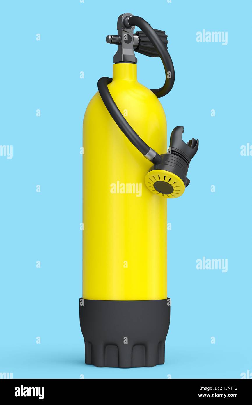 Yellow diving tank full oxygen for snorkeling isolated on a blue ...