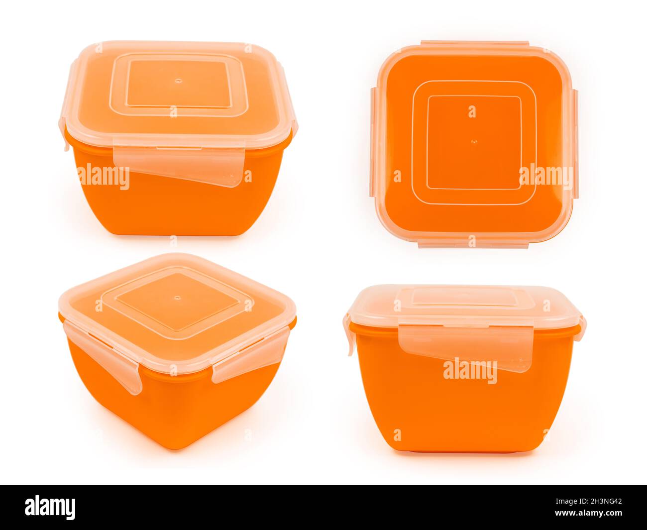 Orange plastic lunch box in various projections isolated on white ...