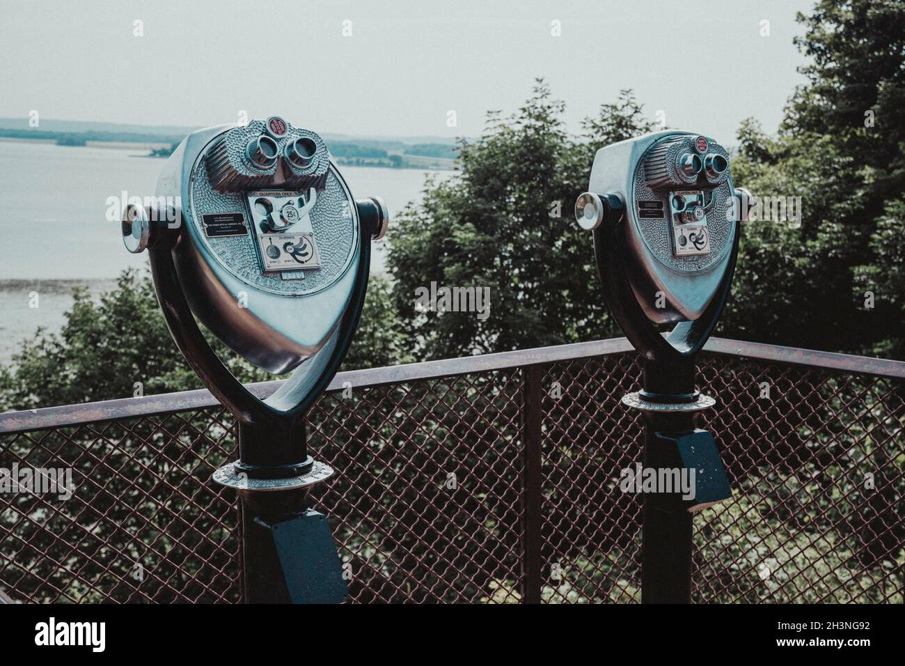 Closeupl shot of two viewing binoculars in observation deck Stock Photo ...