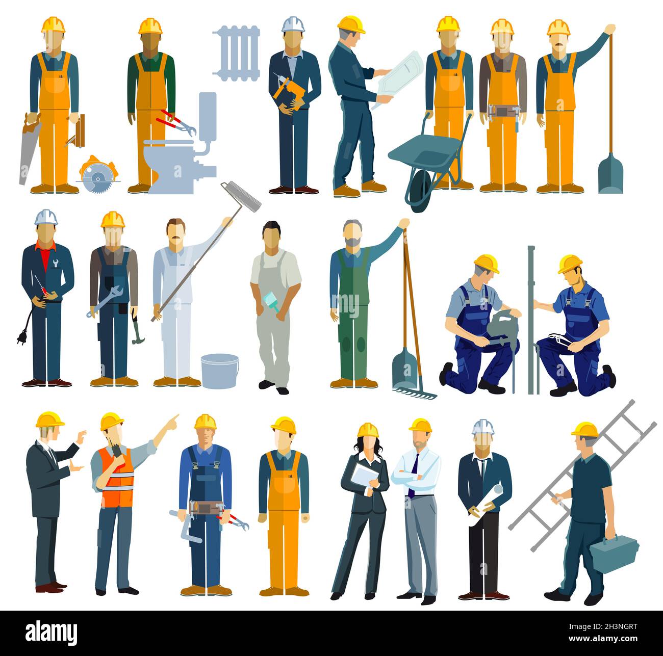 A group of craftsmen, construction workers and technicians, architects ...