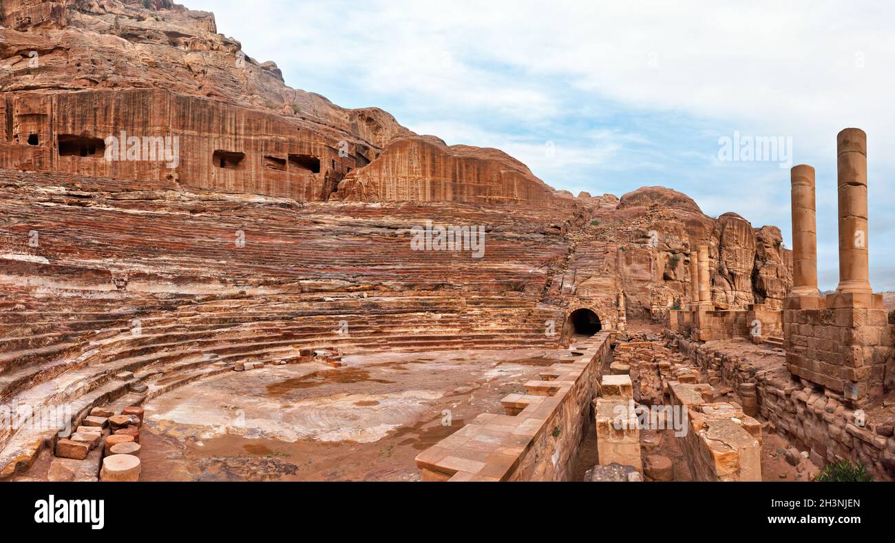 Ruins of Nabataean amphitheatre or open theater in Petra, Jordan Stock ...