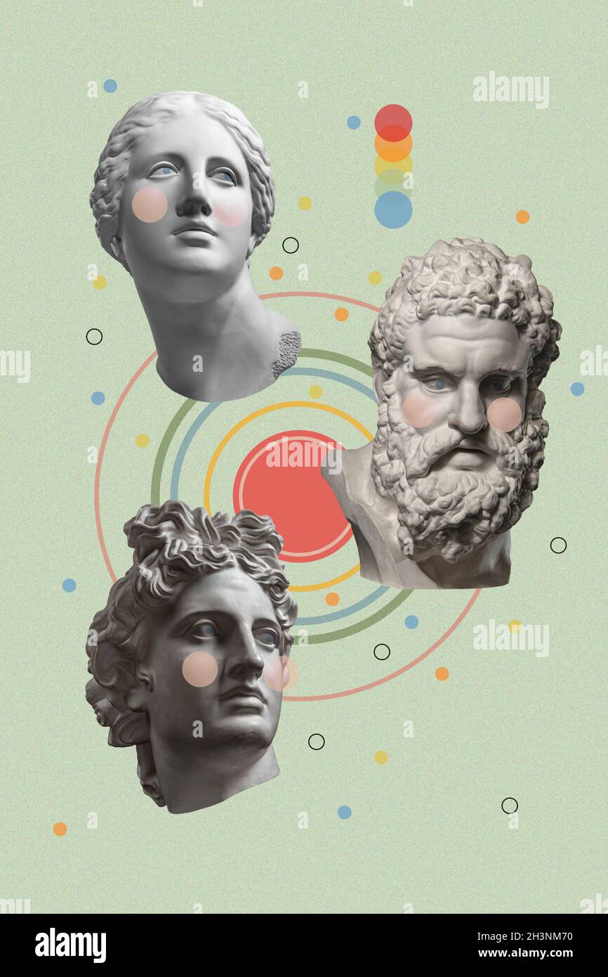 Collage with plaster antique sculptures of human faces in a pop art ...