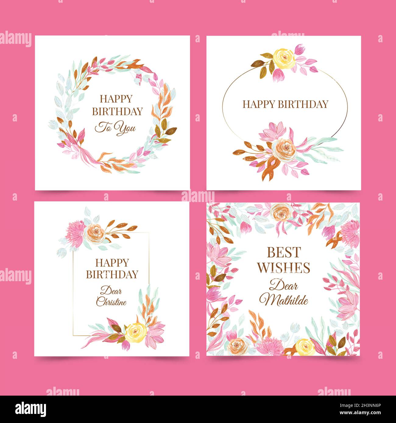 birthday cards collection with flowers set vector design illustration ...