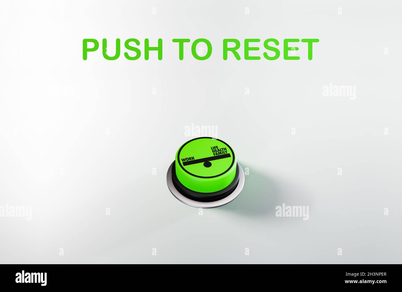 Push to reset, work life balance, green push button with balance work ...