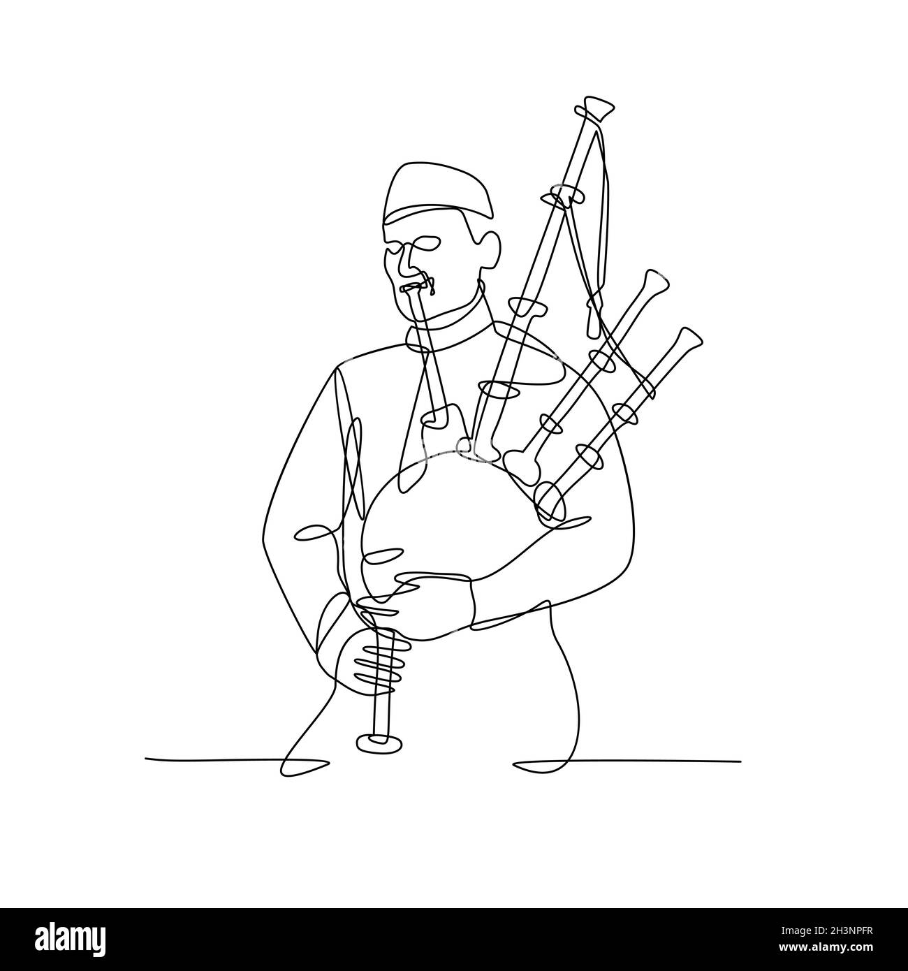 Scottish Bagpiper Playing Bagpipe Continuous Line Drawing Black and ...
