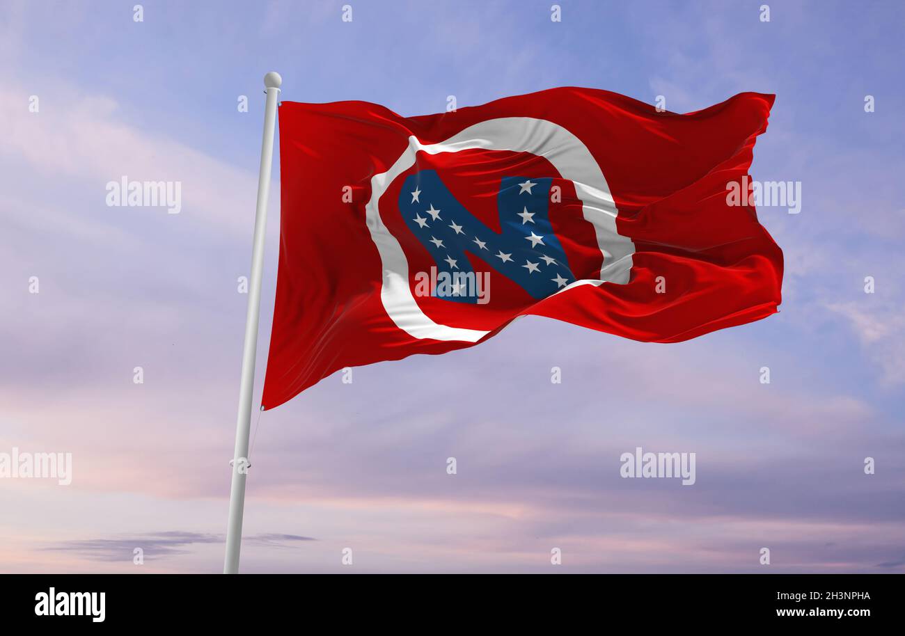 flag of county Noble, Ohio , USA at cloudy sky background on sunset ...