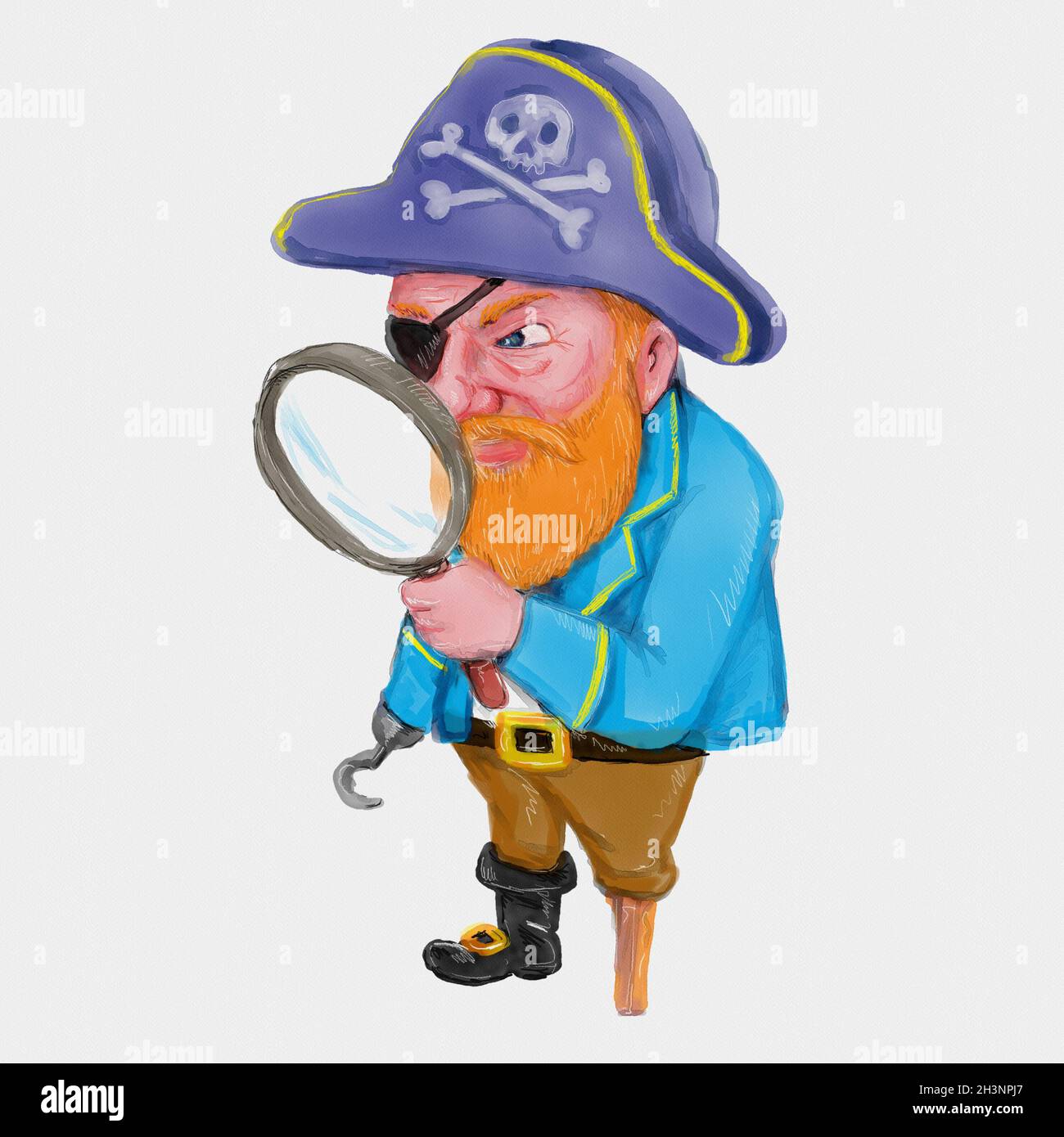 Cartoon Pirate Looking Thru a Magnifying Glass Watercolor Painting ...