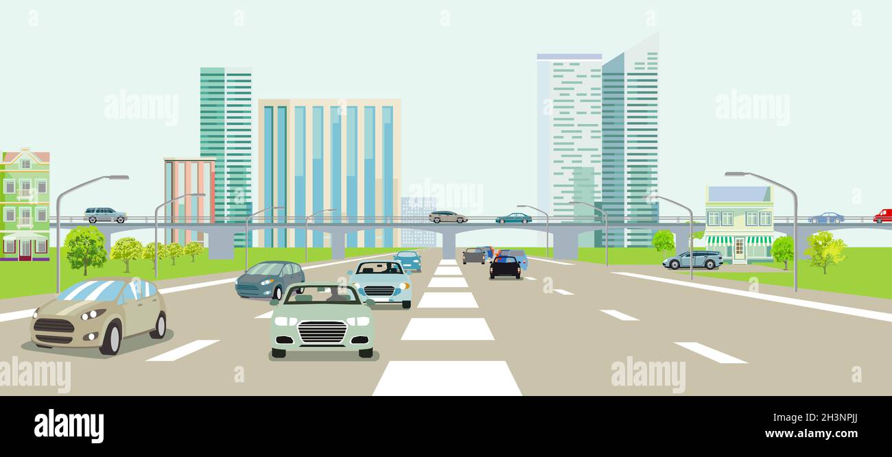 Expressways in front of a big city illustration Stock Photo - Alamy