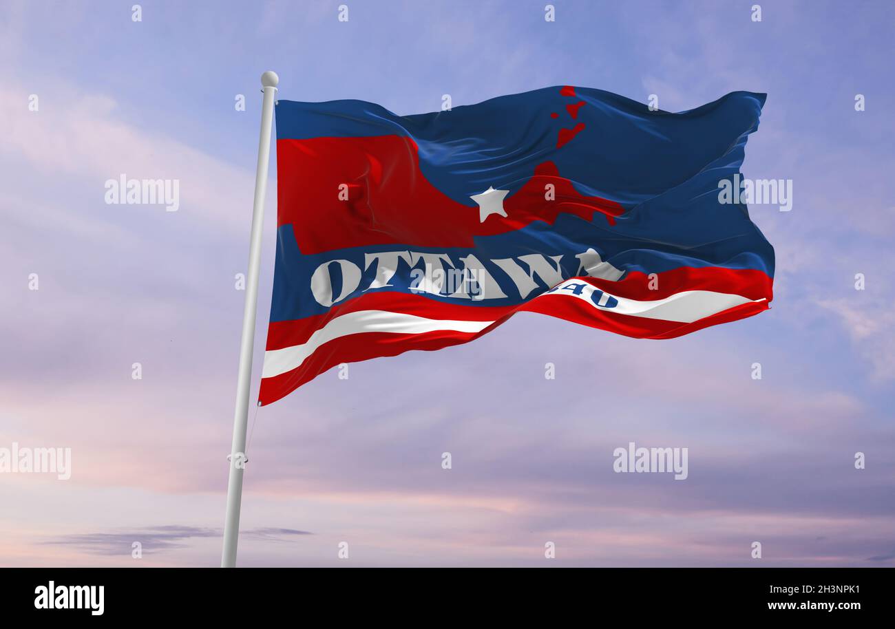 flag of county Ottawa, Ohio , USA at cloudy sky background on sunset ...