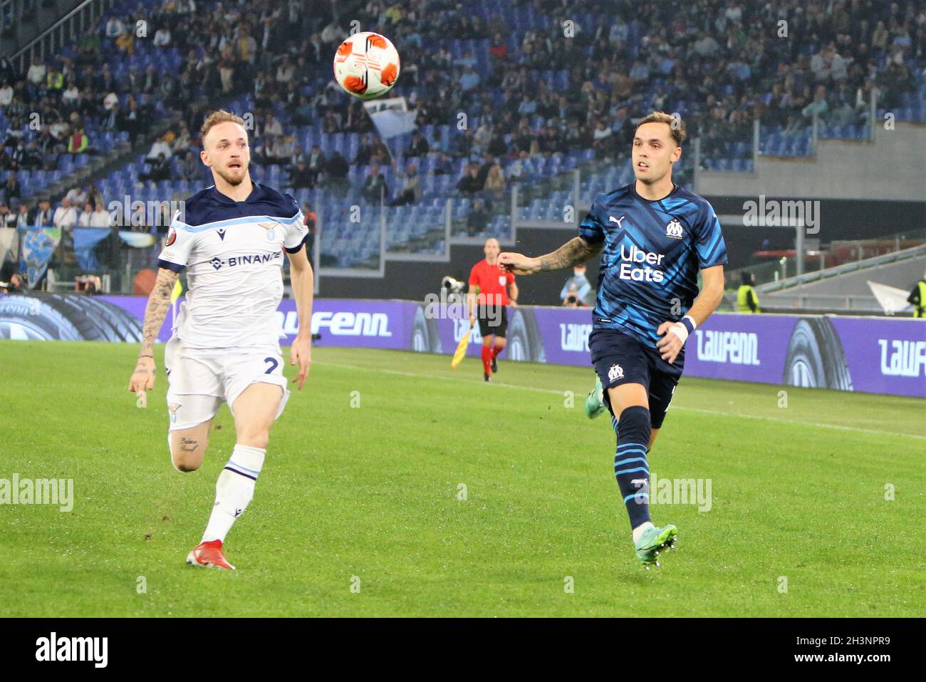 Arkadiusz Milik of Olympique Marseille and Manuel Lazzari of Lazio Rome during the UEFA Europa ...