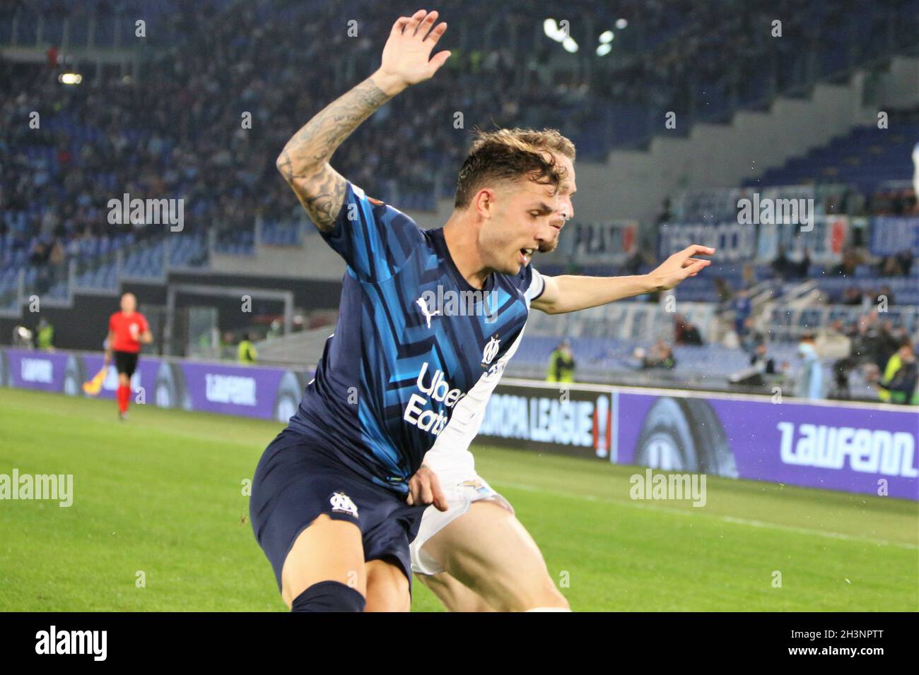 Arkadiusz Milik of Olympique Marseille and Manuel Lazzari of Lazio Rome during the UEFA Europa ...