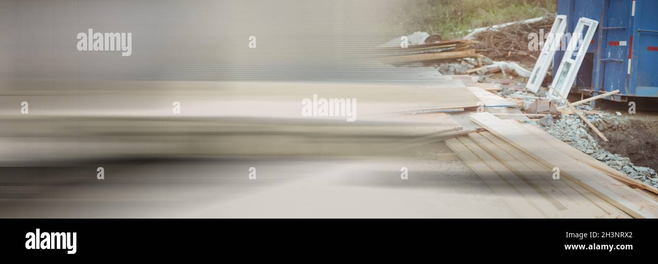 Defocused image montage of construction site with wooden planks and ...