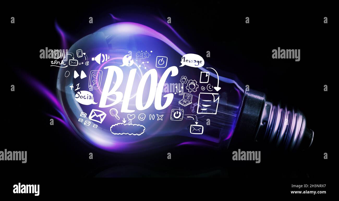 Illustration of glowing light bulb with blog text and networking icons ...